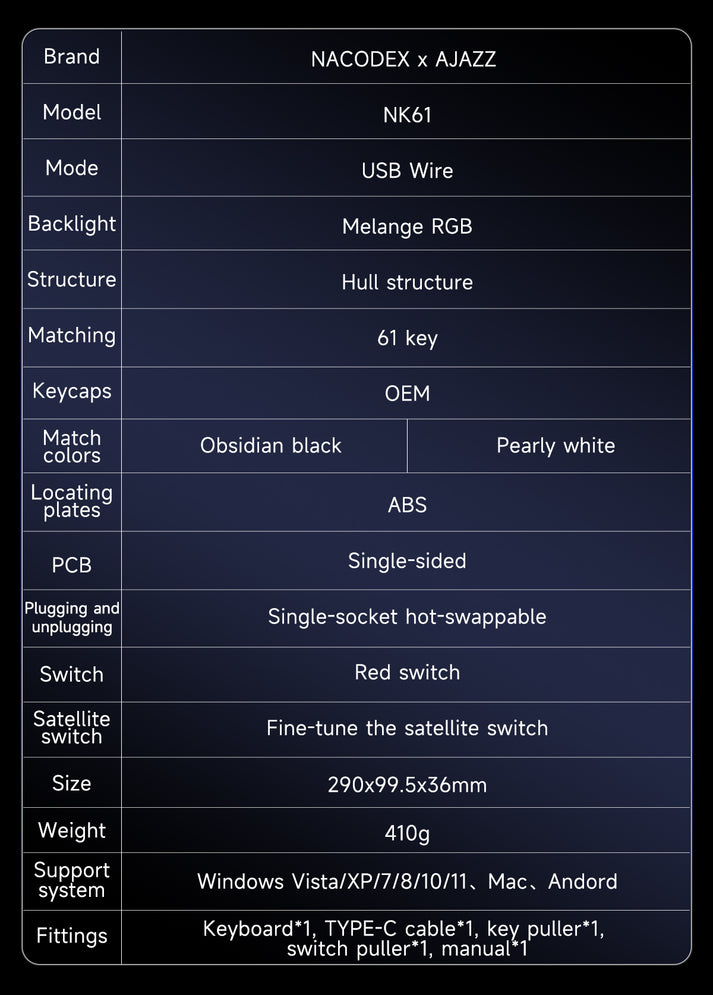 AJAZZ NK61 61-Key Mechanical Keyboard Hot Swapping Red Switch Wired ...