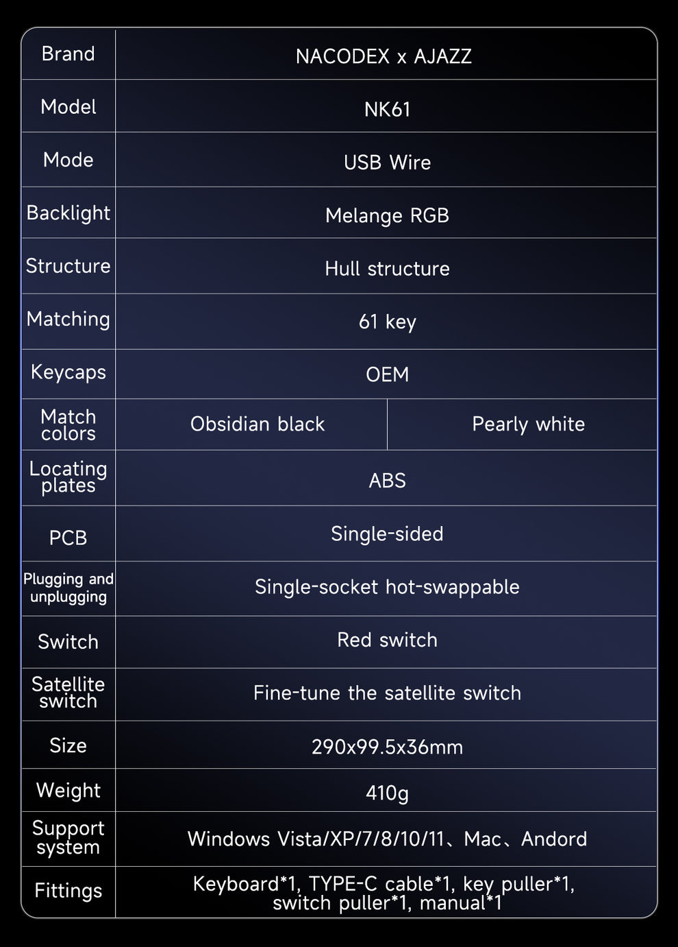 AJAZZ NK61 61-Key Mechanical Keyboard Hot Swapping Red Switch Wired ...