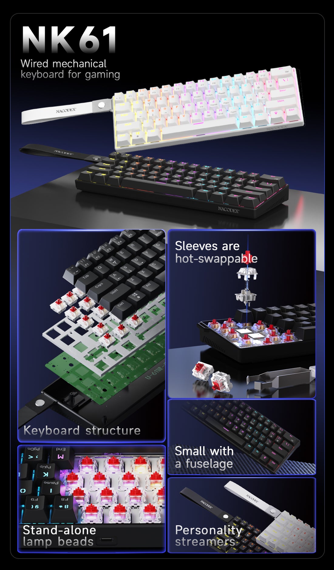 AJAZZ NK61 Mechanical Keyboard Red switches mixed light hot-swappable ...