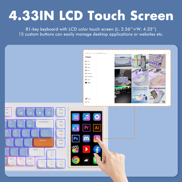 81 key Touch Screen Low Profile Mechanical Keyboard with 4.33inch Large ...