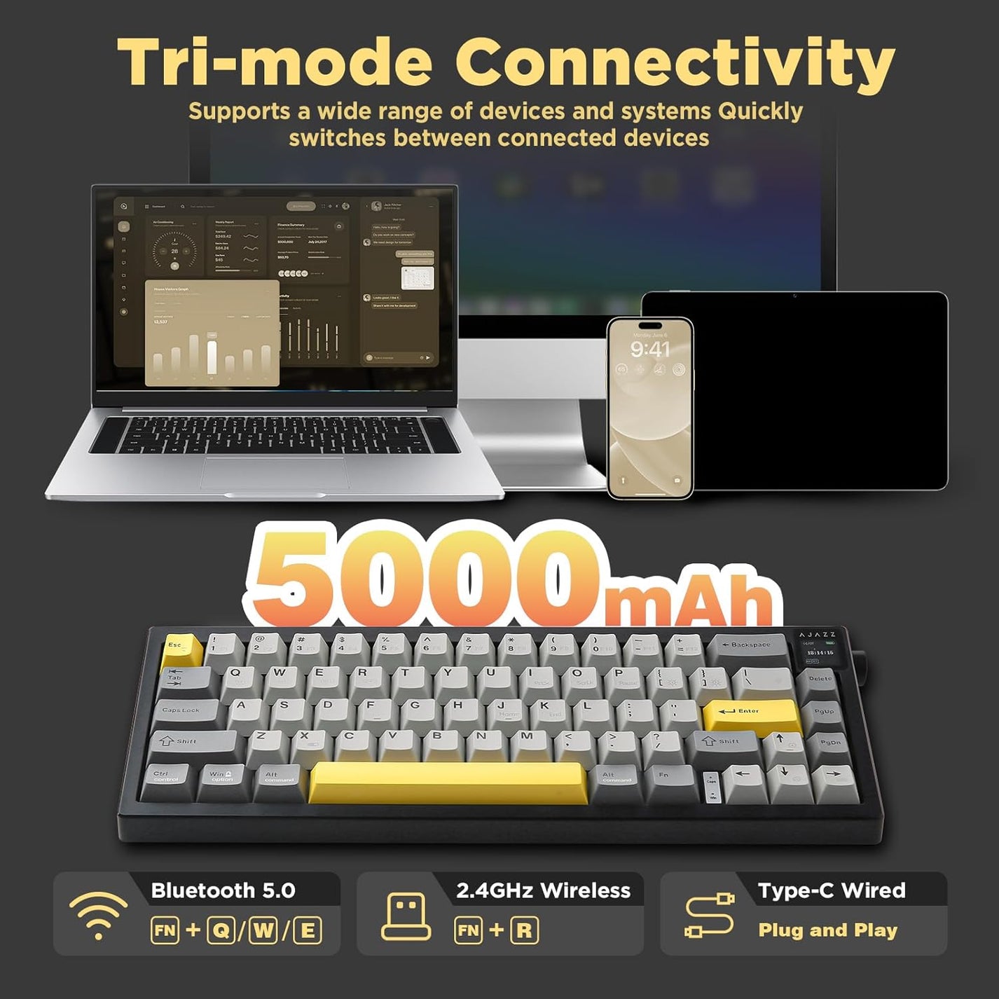 AJAZZ AK650 Mechanical Keyboard 5000mAh Battery Hot-Swap Wired/Bluetoo ...