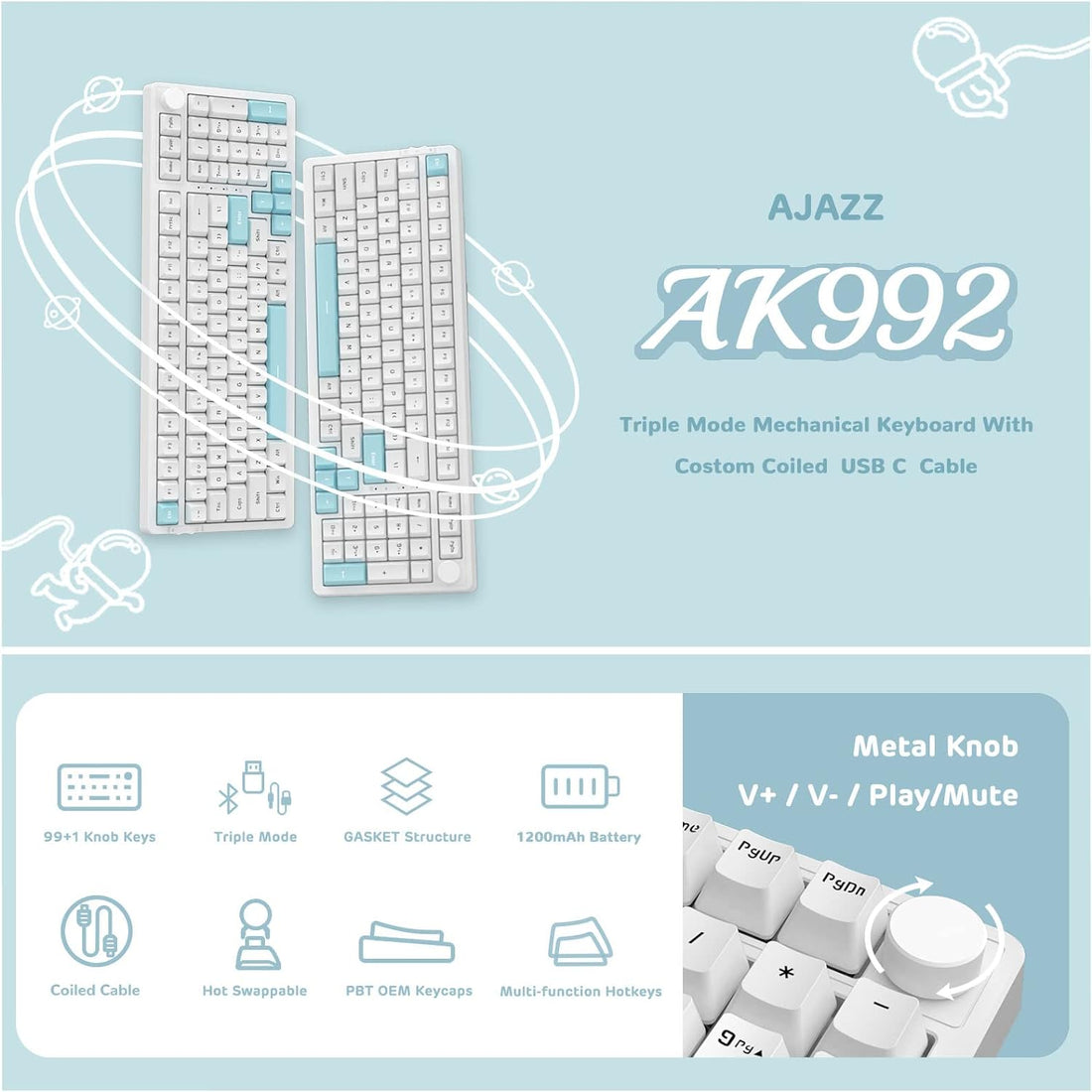 AJAZZ AK992 Retro Wired Mechanical Keyboard, 98-Key Full Layout, Hot ...