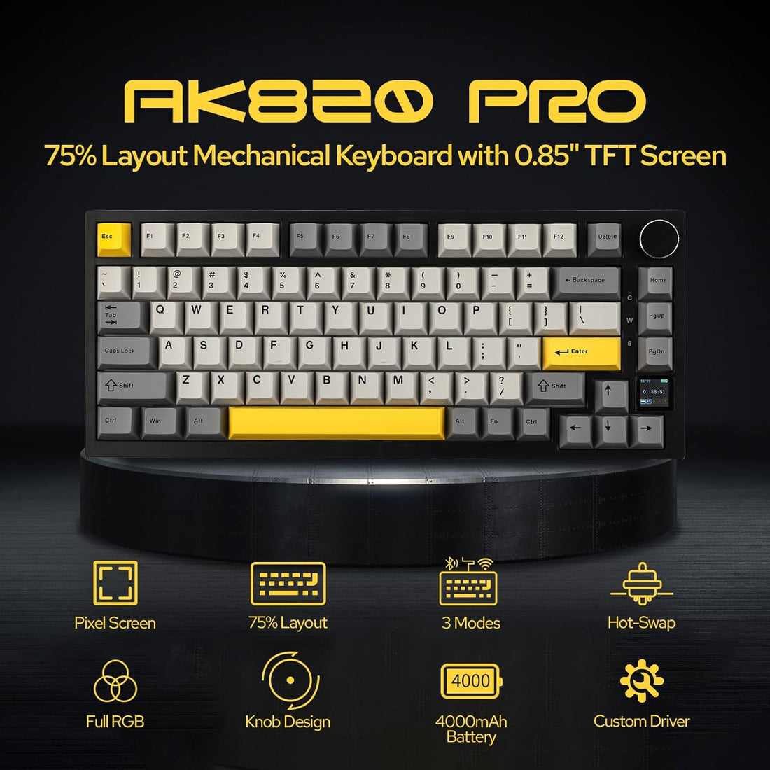 AJAZZ AK820 Pro 75% Layout Mechanical Keyboard with 0.85" TFT Screen R ...